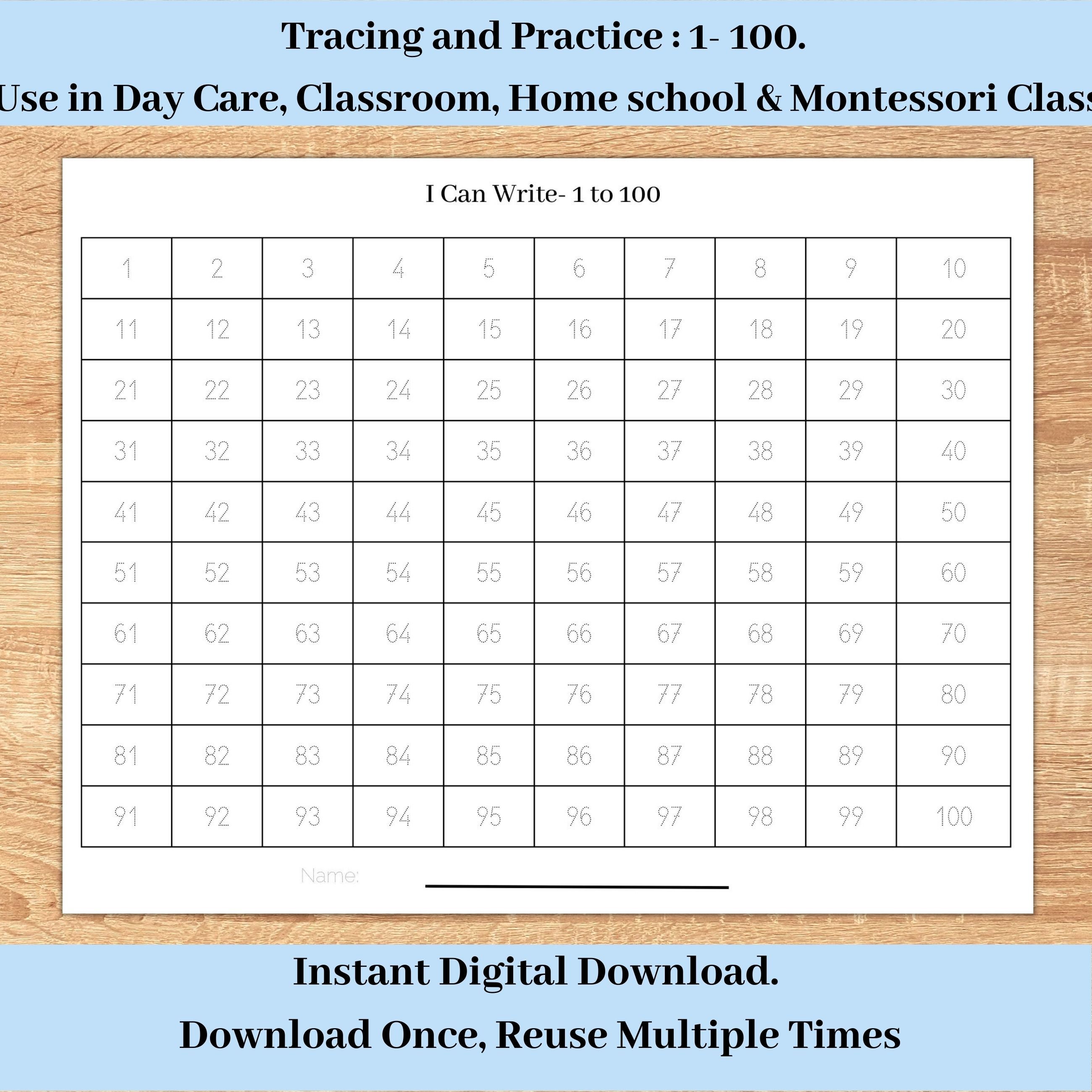 Printable Numbers 1-50, 1-100 Tracing Worksheets for Preschool ...