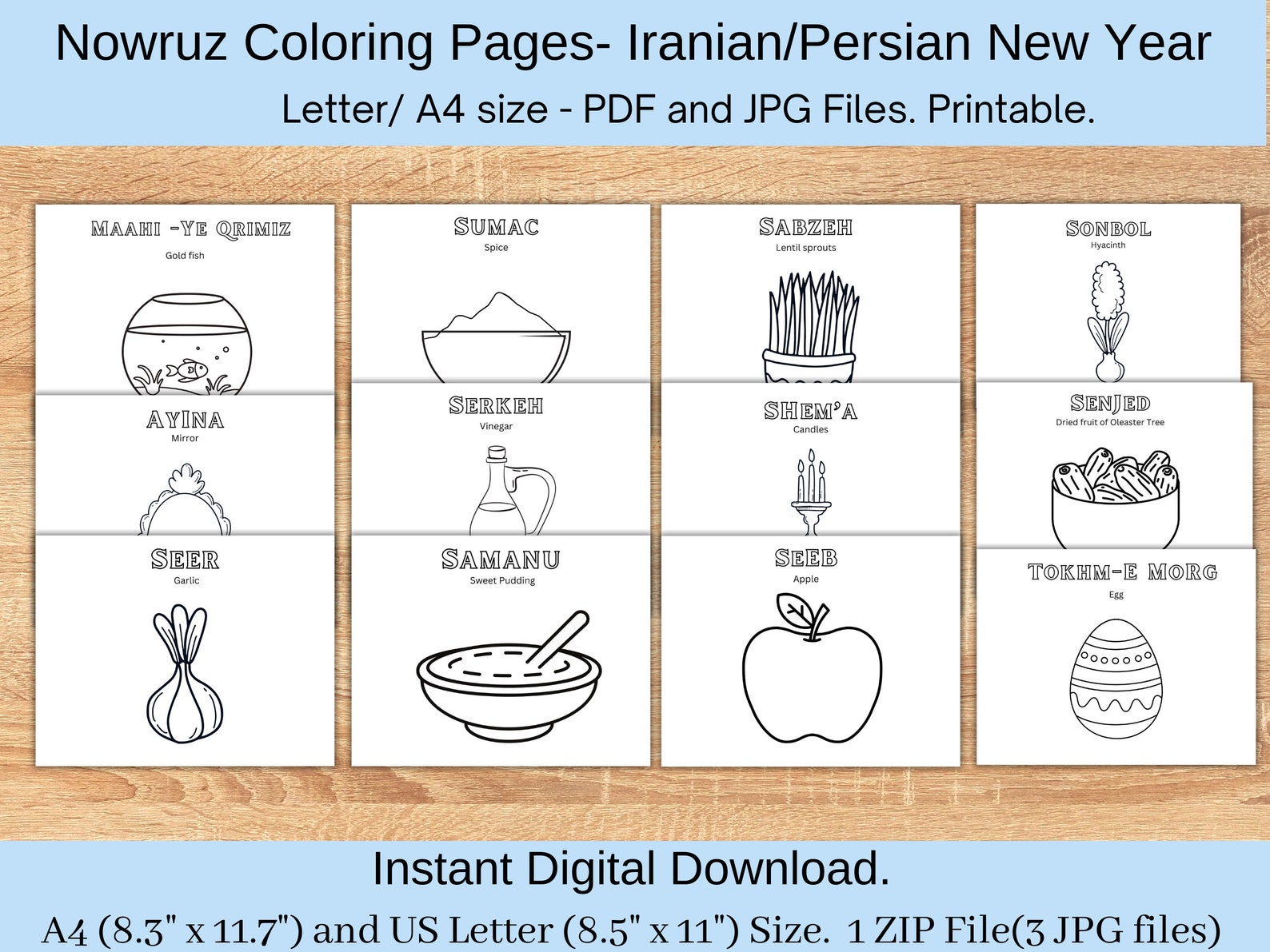 Nowruz Large Coloring Pages, Haft-sin Activity Page, Iranian New Year ...