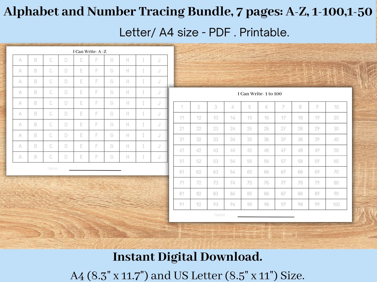 Printable Alphabets and Numbers Bundle A- Z, 1-100, 1-50 Tracing ...