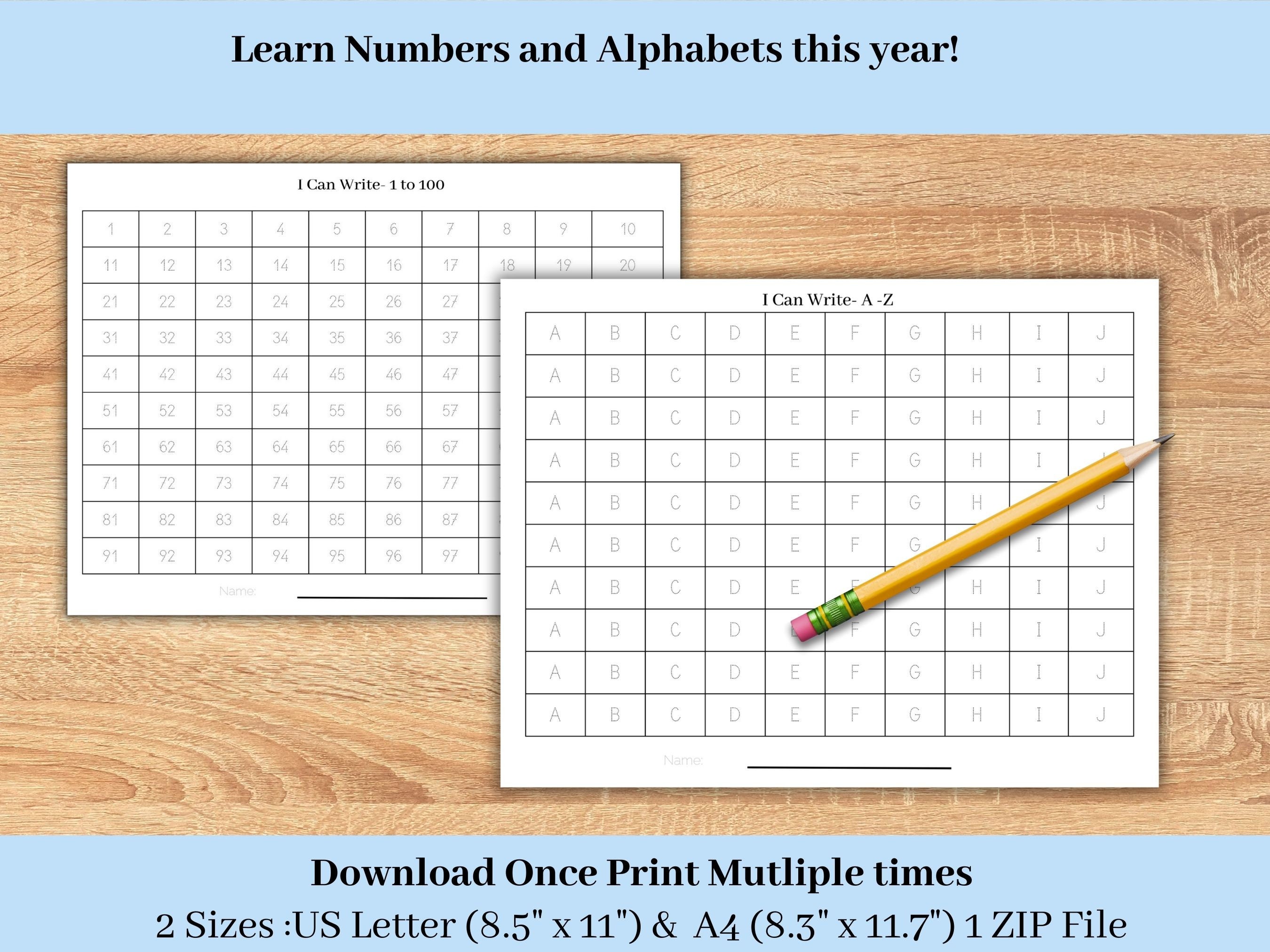 Printable Alphabets and Numbers Bundle A- Z, 1-100, 1-50 Tracing ...