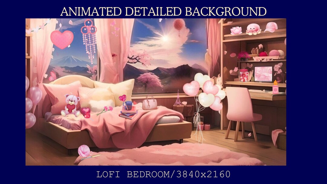 4K Vtuber Animated Background Cozy Pink Heart Bedroom Looped Vtuber ...