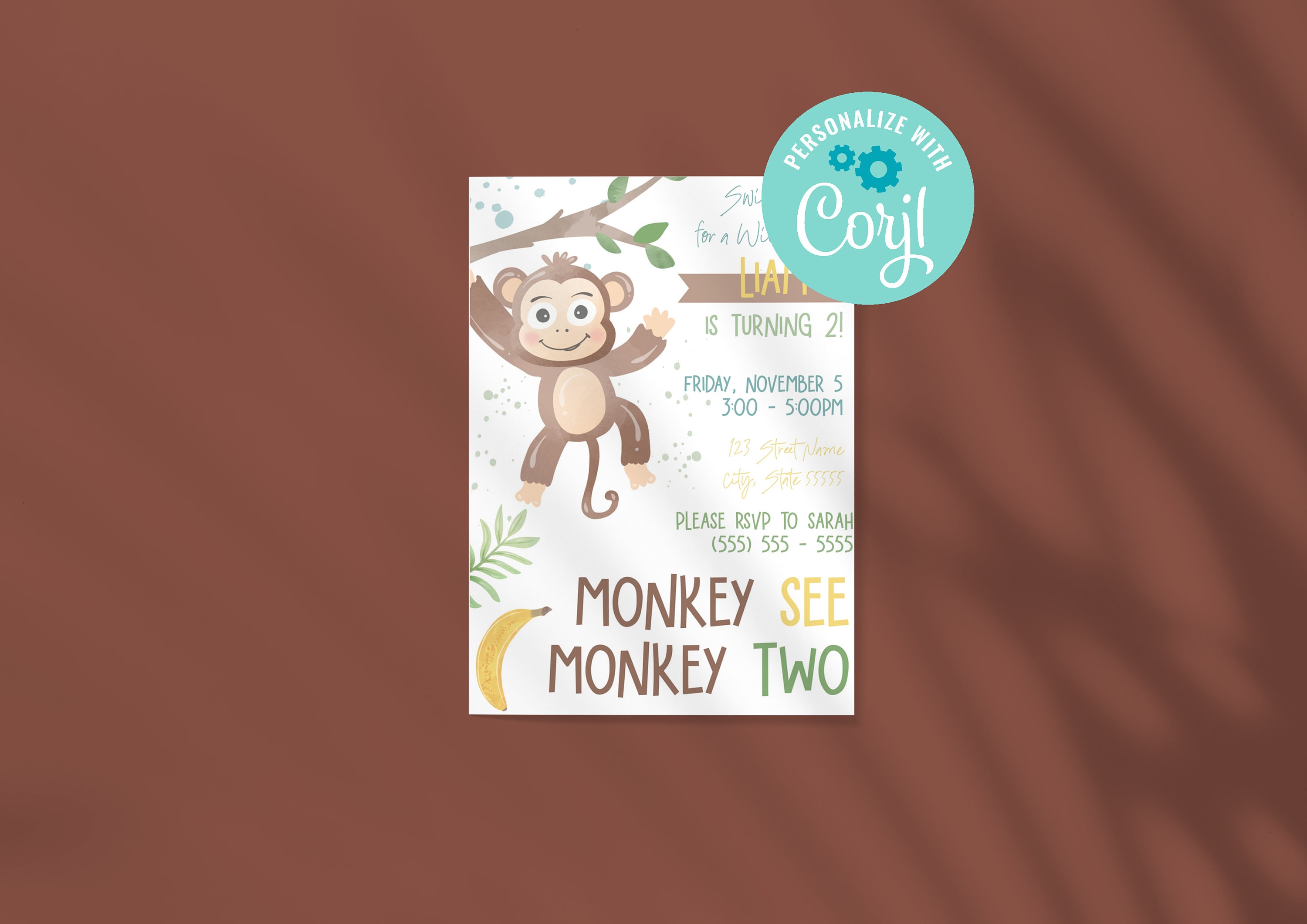 Editable Monkey See Monkey Two Birthday Invite Digital Template INSTANT ...