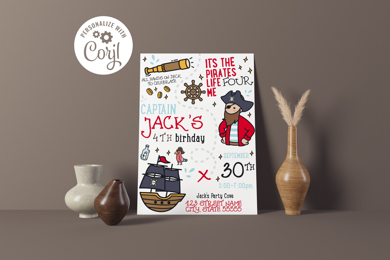 Editable Pirates Life Four Me Birthday Invitation, Digital Template ...