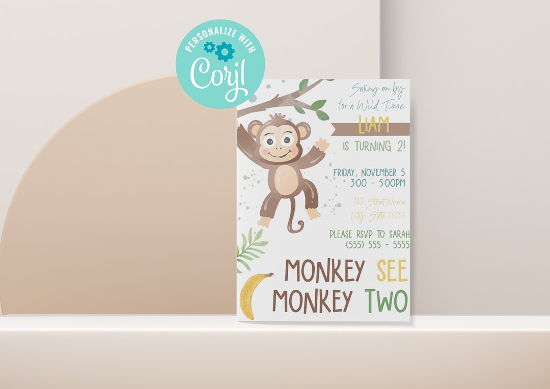 Editable Monkey See Monkey Two Birthday Invite Digital Template INSTANT ...