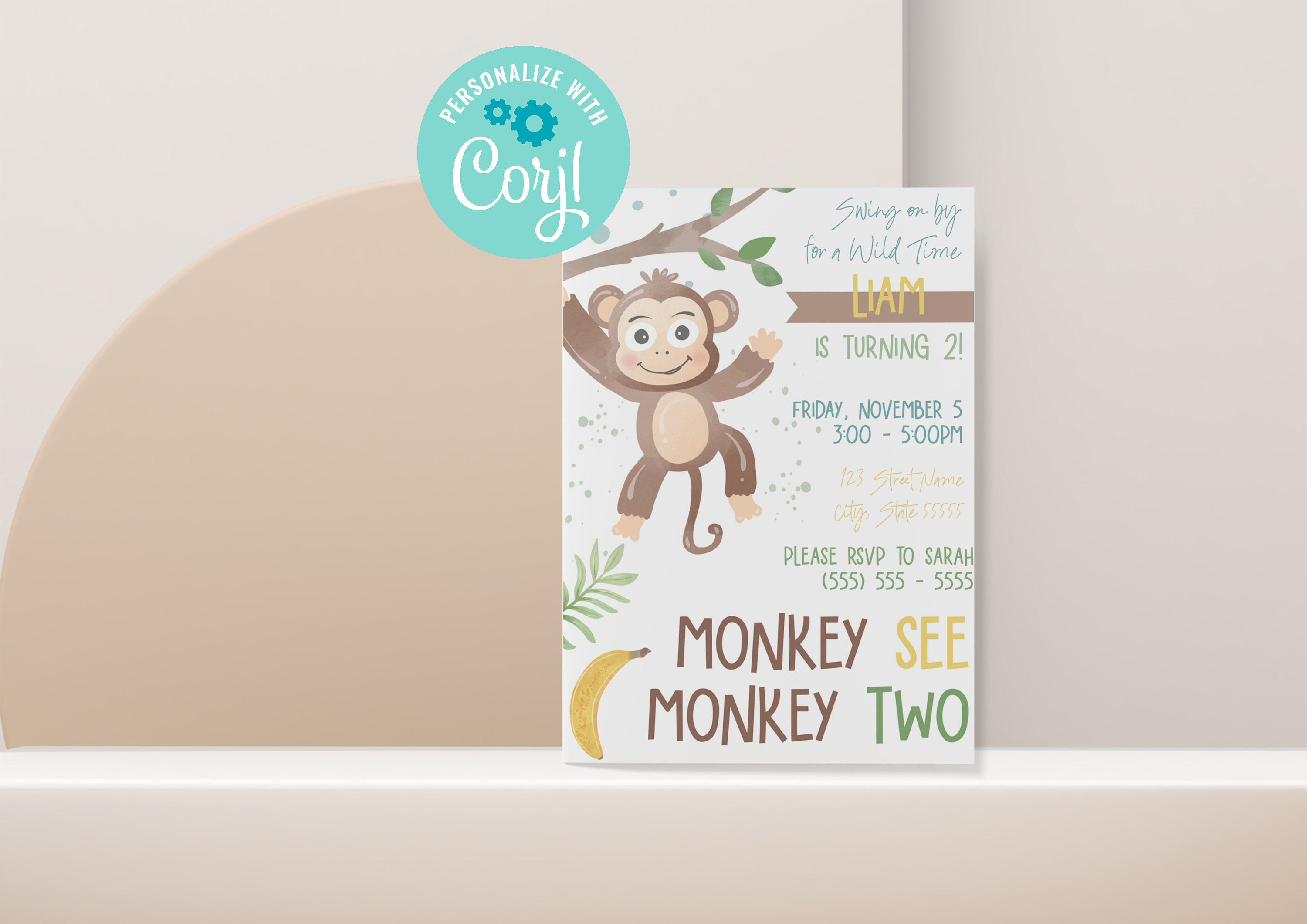 Editable Monkey See Monkey Two Birthday Invite Digital Template INSTANT ...