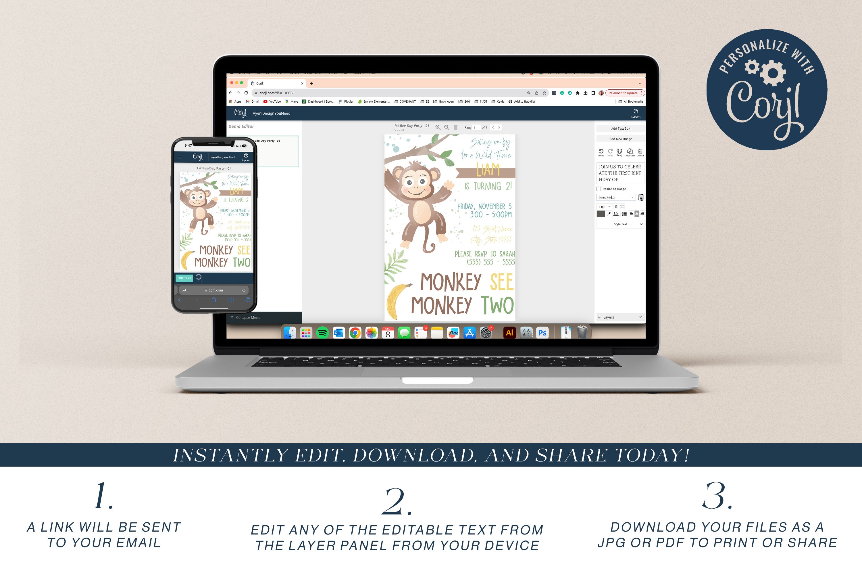 Editable Monkey See Monkey Two Birthday Invite Digital Template INSTANT ...