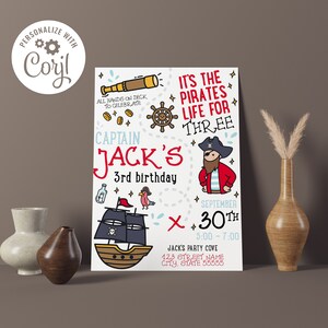 Editable Pirates Life for Three Birthday Invitation, Digital Template ...