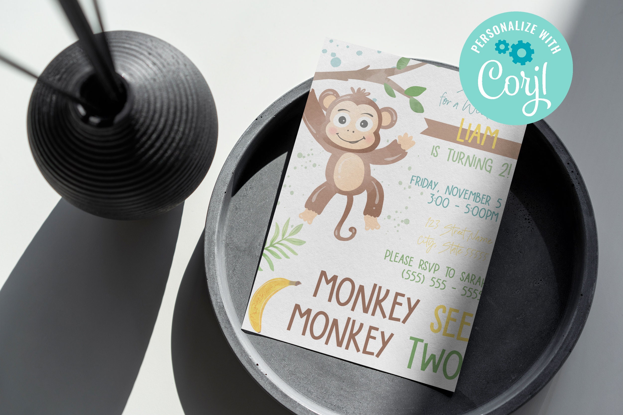 Editable Monkey See Monkey Two Birthday Invite Digital Template INSTANT ...