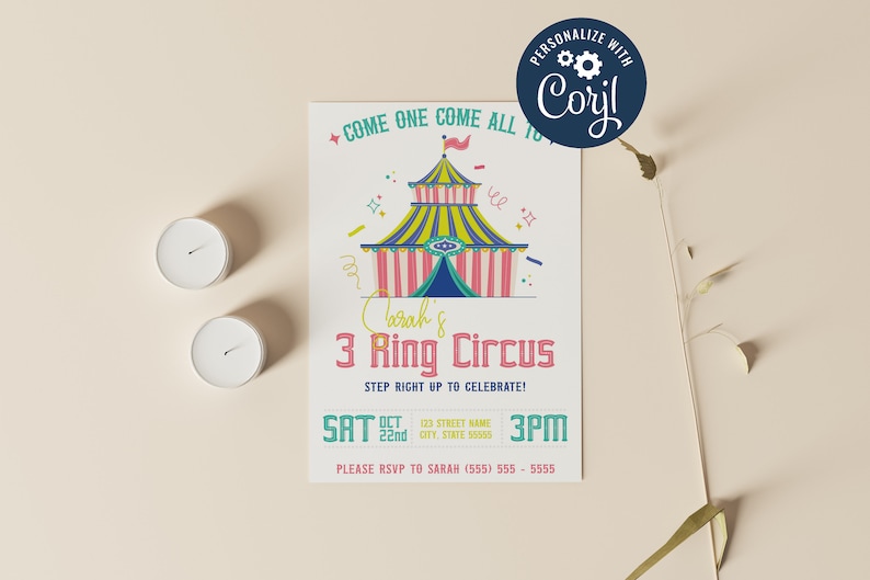 Editable Three Ring Circus Birthday Invitation, Digital Template ...