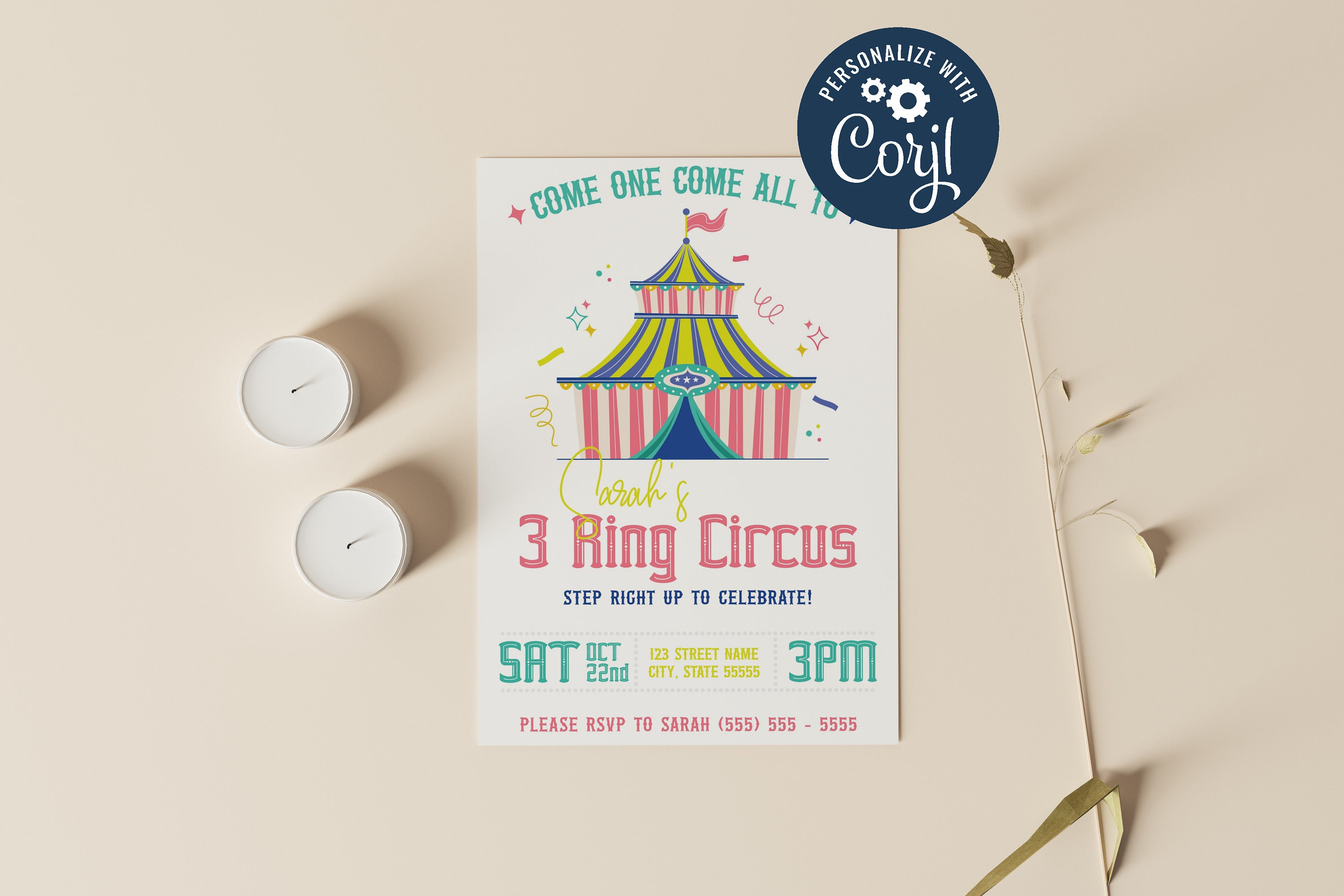 Editable Three Ring Circus Birthday Invitation, Digital Template ...