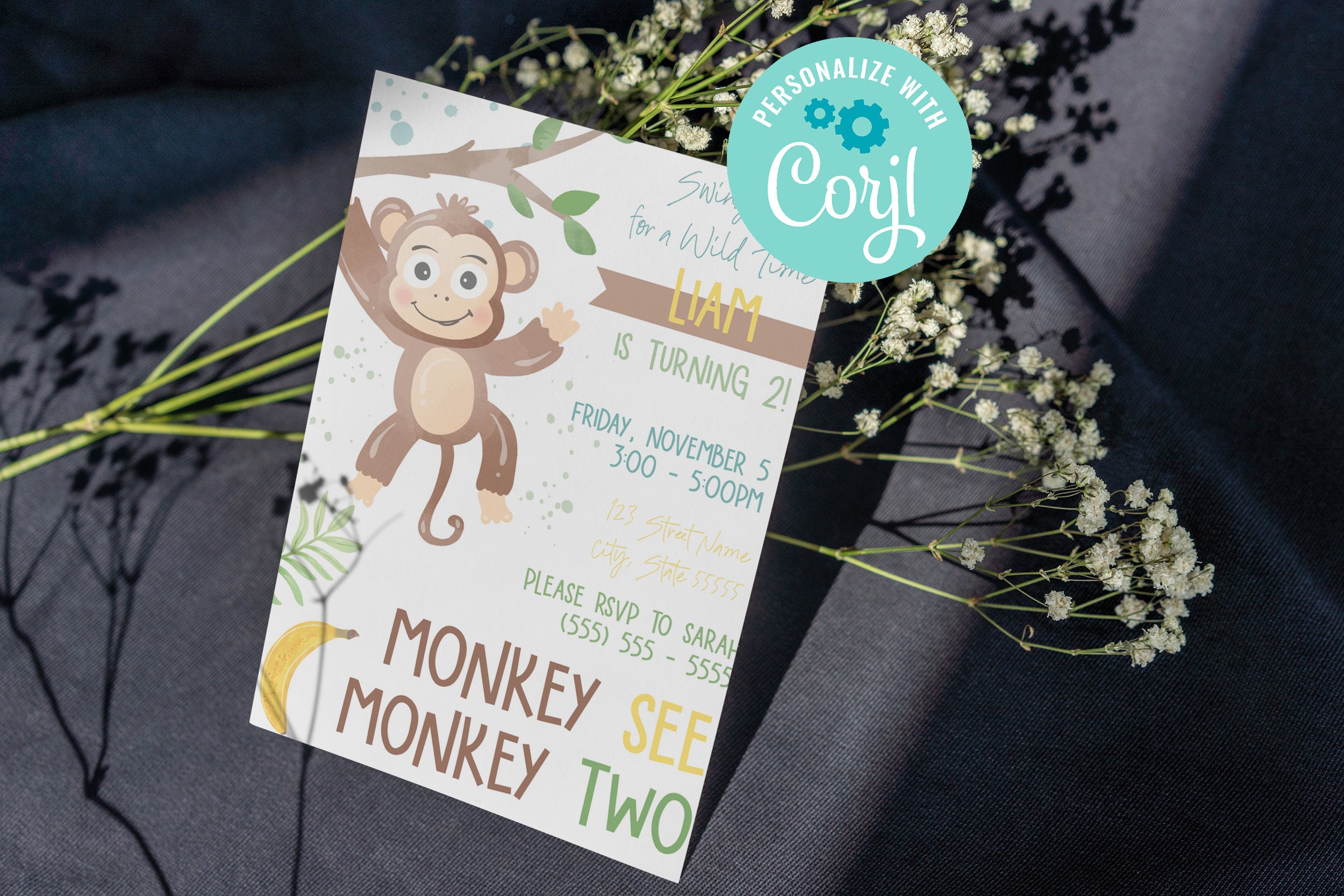Editable Monkey See Monkey Two Birthday Invite Digital - Etsy