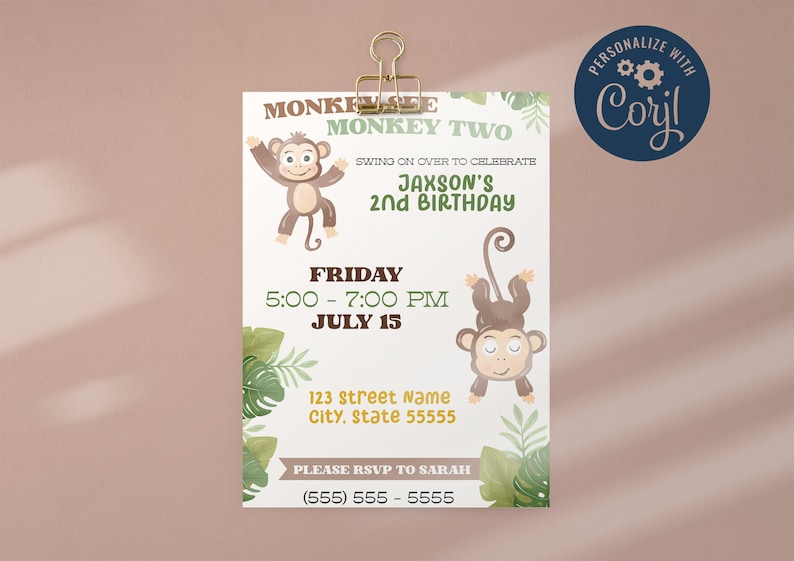 Editable Monkey See Monkey Two Birthday Invite Digital Template INSTANT ...