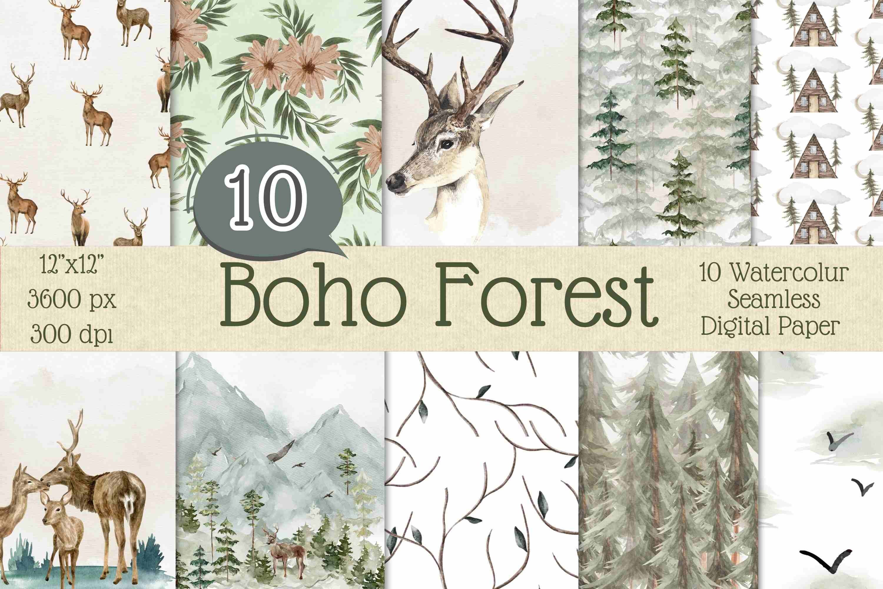 Sage Green Watercolor Forest Digital Paper, Deer Seamless Digital Paper ...