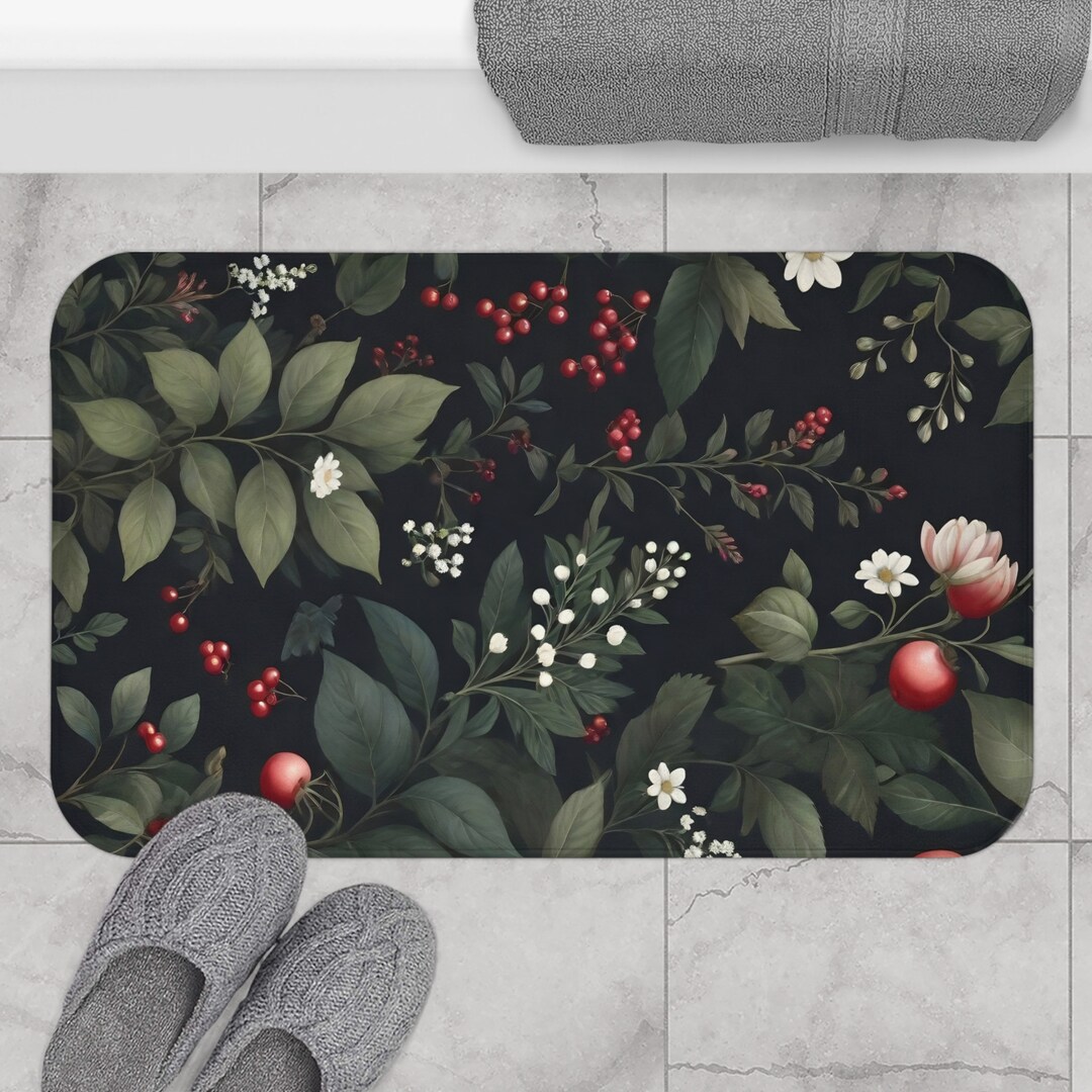 Dark Botanical Floral Bathroom Mat: Modern Greenery Decor - Etsy