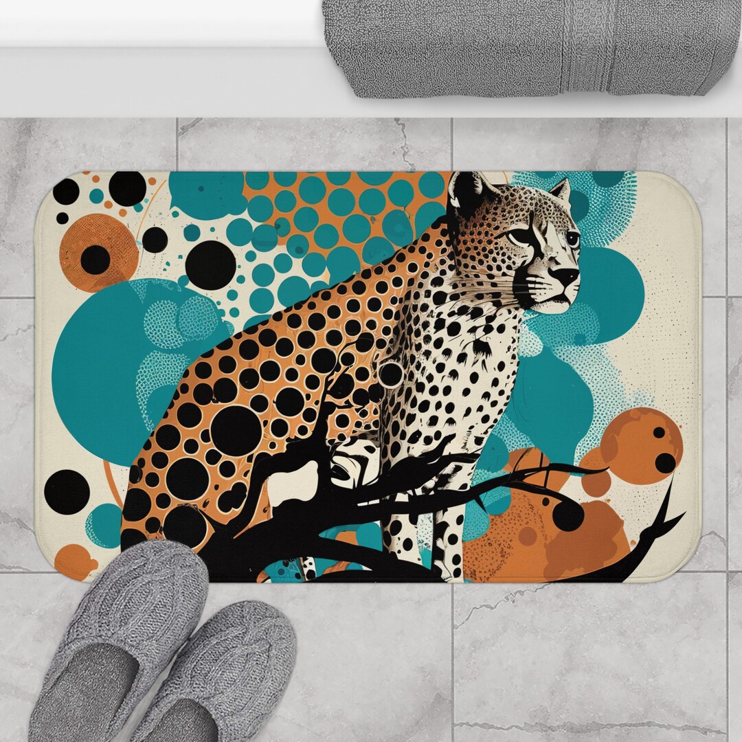 Modern Wild Animals Bath Mat, Leopard on a Tree, Wildcat, Wildlife ...