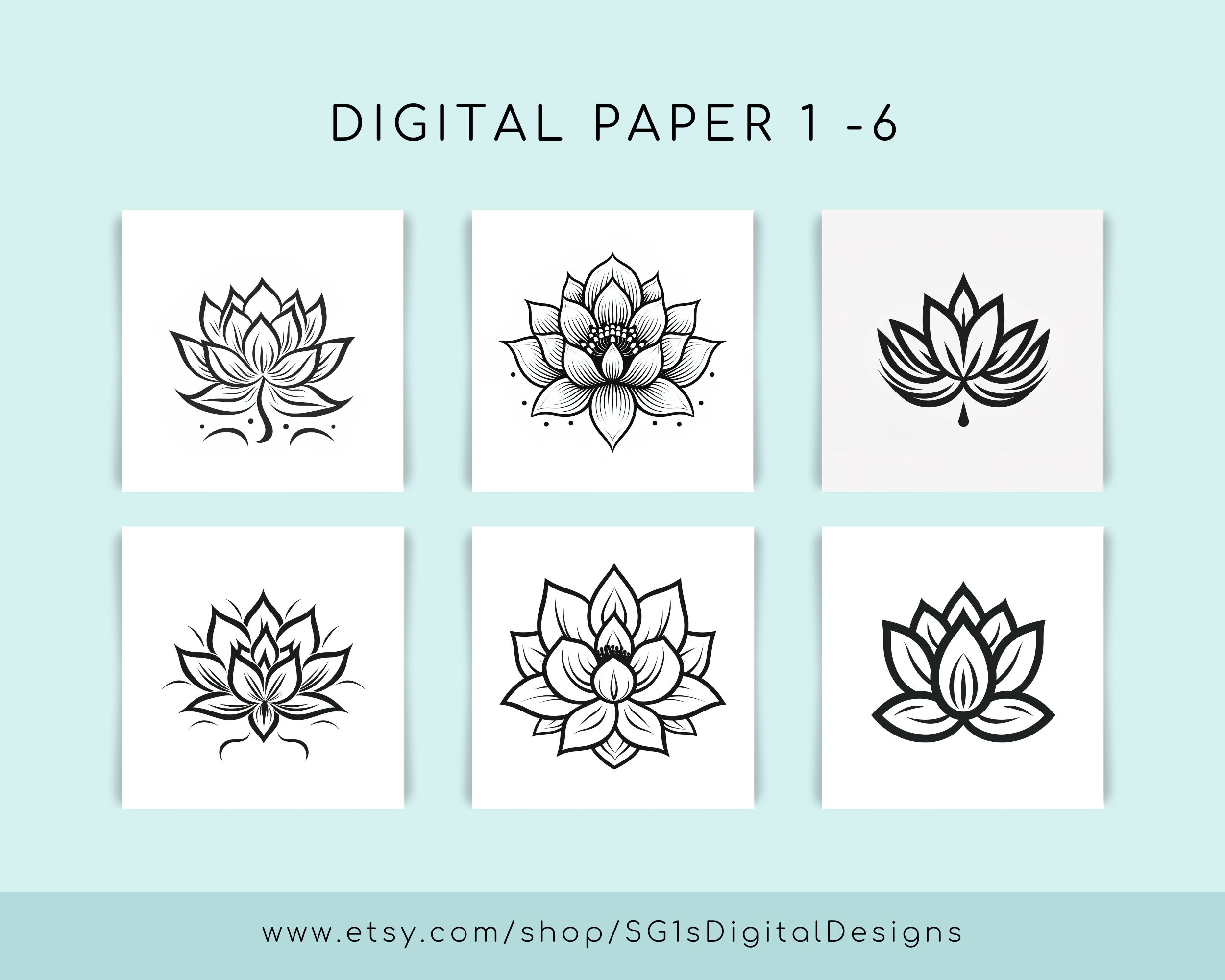 Black and White Lotus Digital Paper Lotus Floral Journals Scrapbook ...