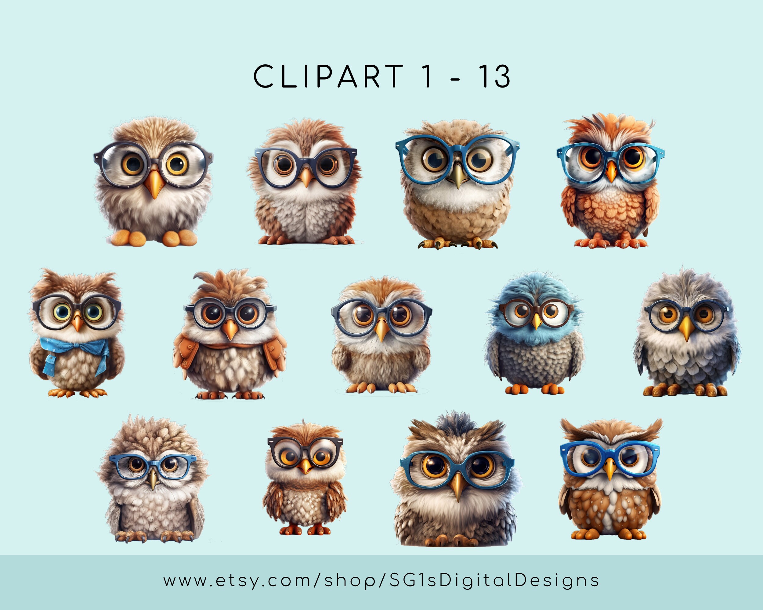 Owls With Glasses Clipart Whimsical Illustrations Digital Download Cute ...