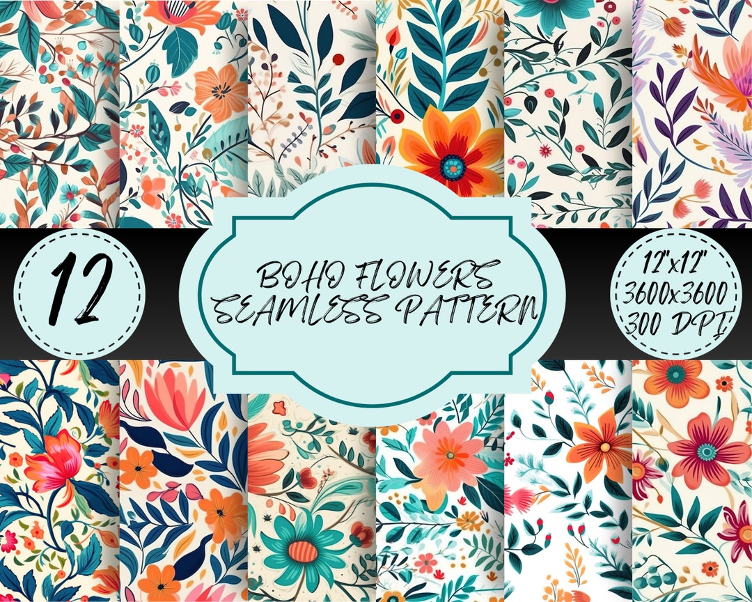 Boho Flowers Floral Digital Paper Pack Boho PNG Instant Download ...