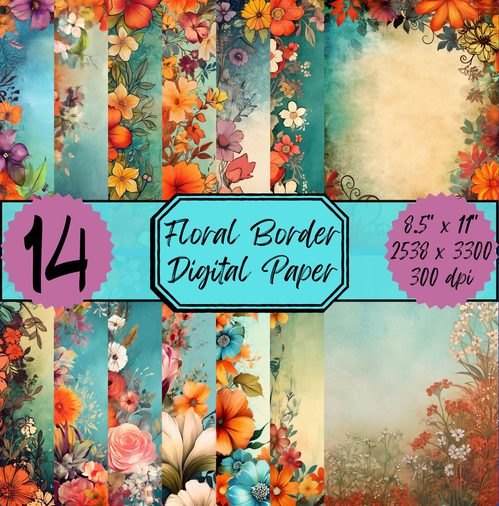Floral Border Digital Paper Flowers Watercolor Design Flower Field ...