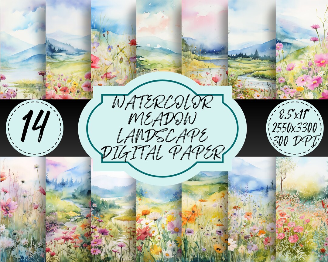 Watercolor Meadow Landscape Digital Paper Serene Nature Designs Digital ...