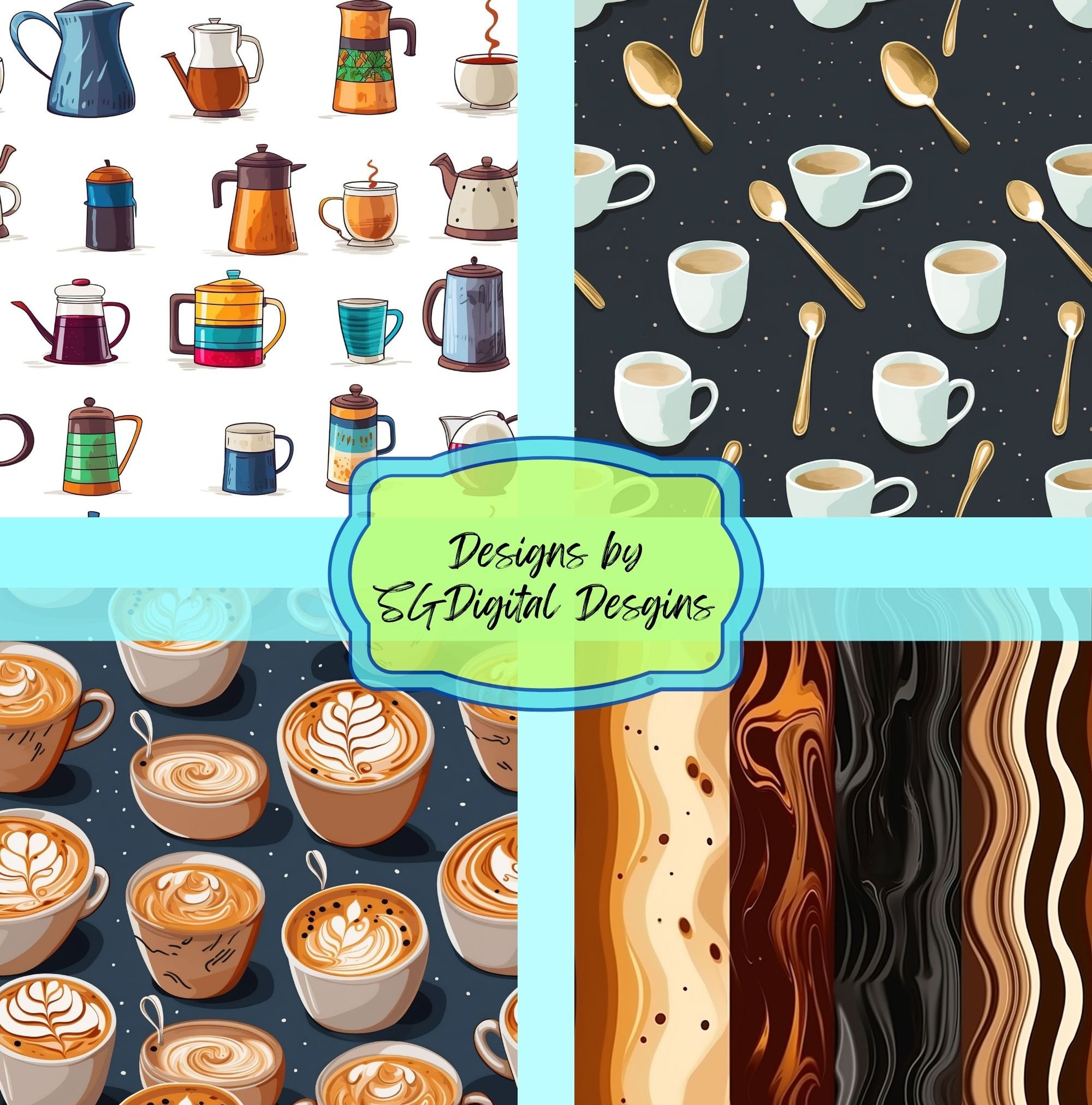Coffee Theme Digital Paper Seamless Design Cafe Beans Mugs AI Art Gift ...