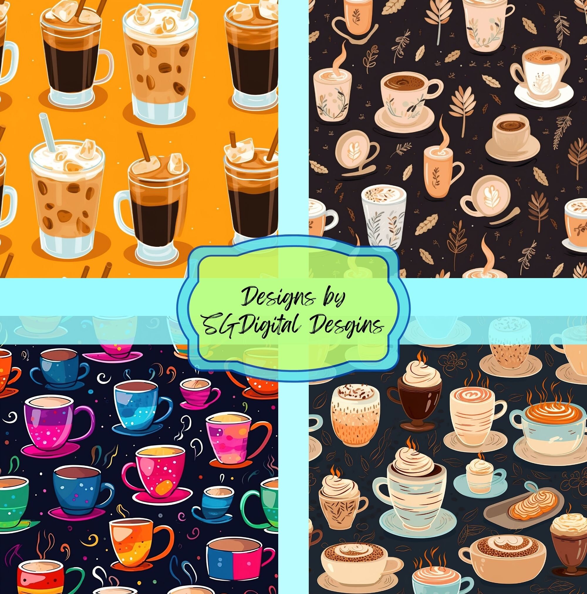 Coffee Theme Digital Paper Seamless Design Cafe Beans Mugs AI Art Gift ...