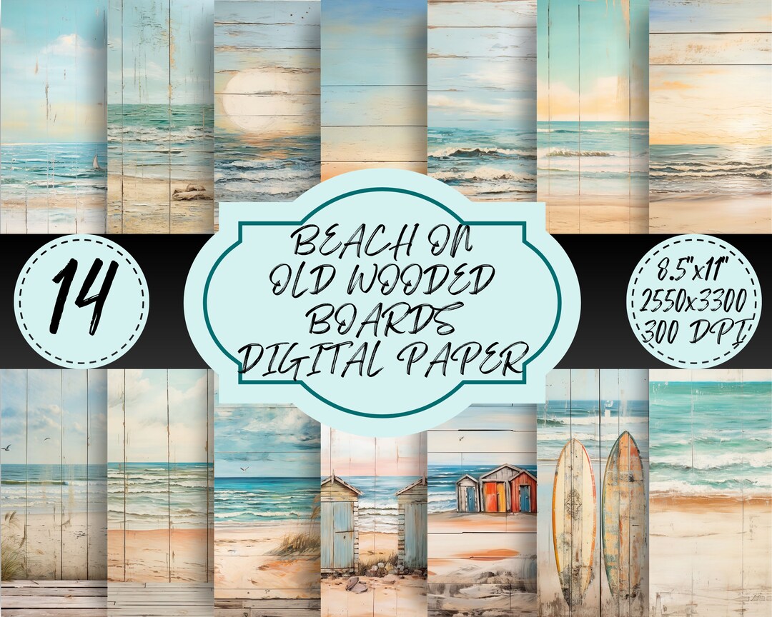 Beach on Old Wooden Boards Digital Paper Coastal Vintage Backgrounds ...