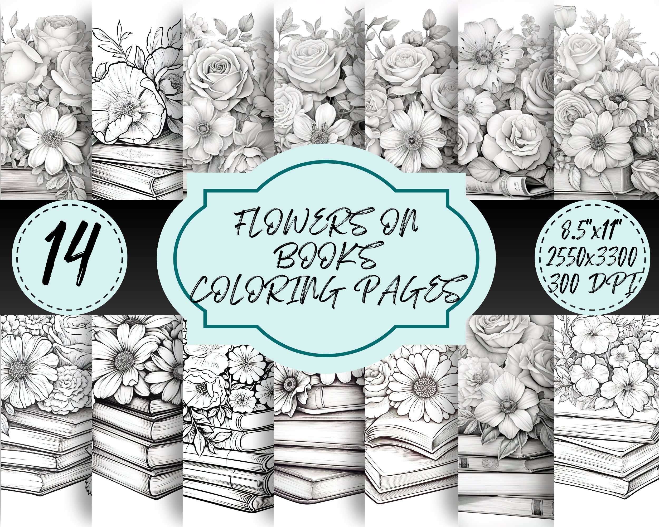 Flowers on Books Coloring Page Whimsical Floral Design Printable Adult ...