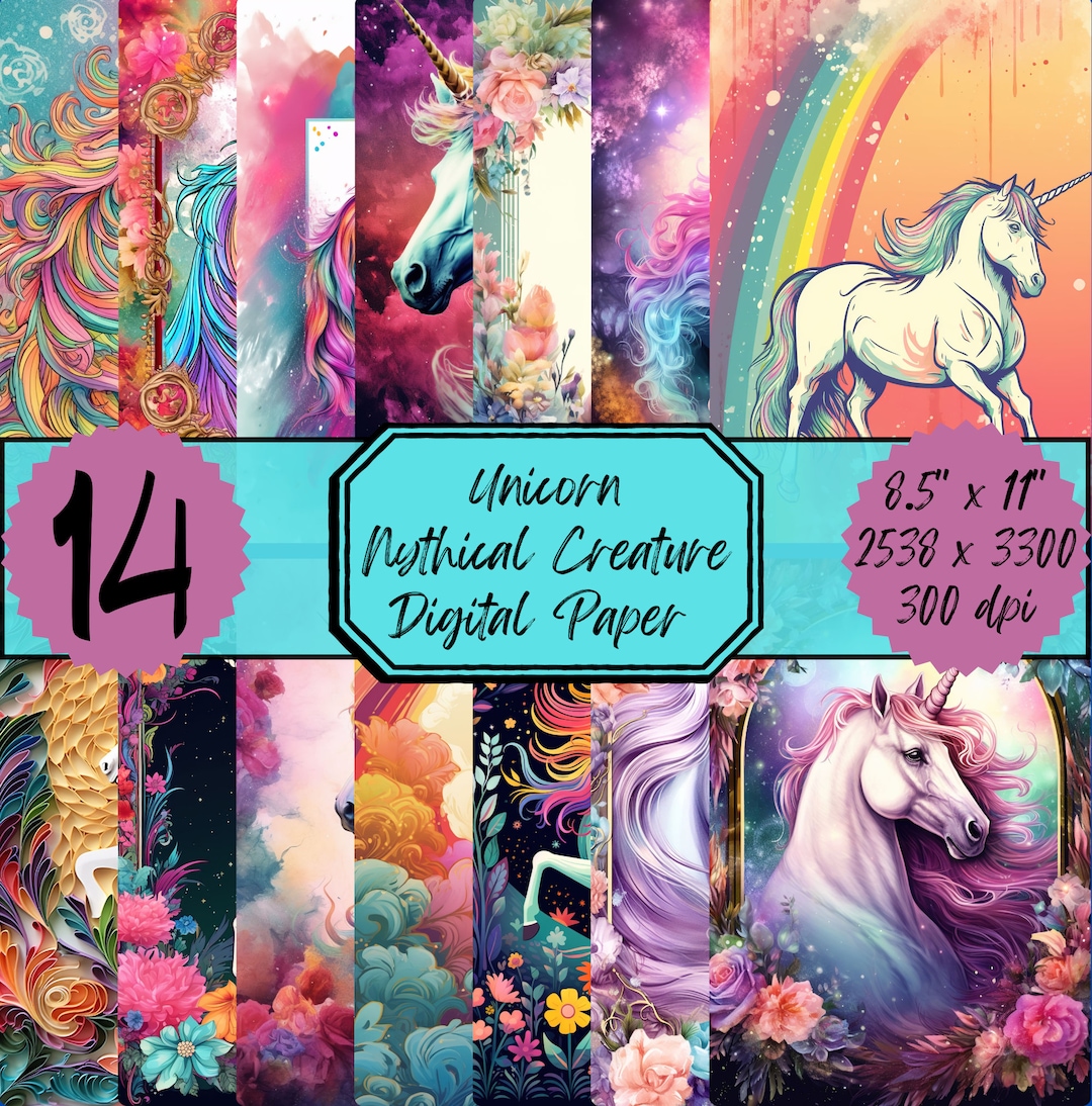 Unicorn Mythical Creatures Digital Paper Magic Animals Whimsical Design ...