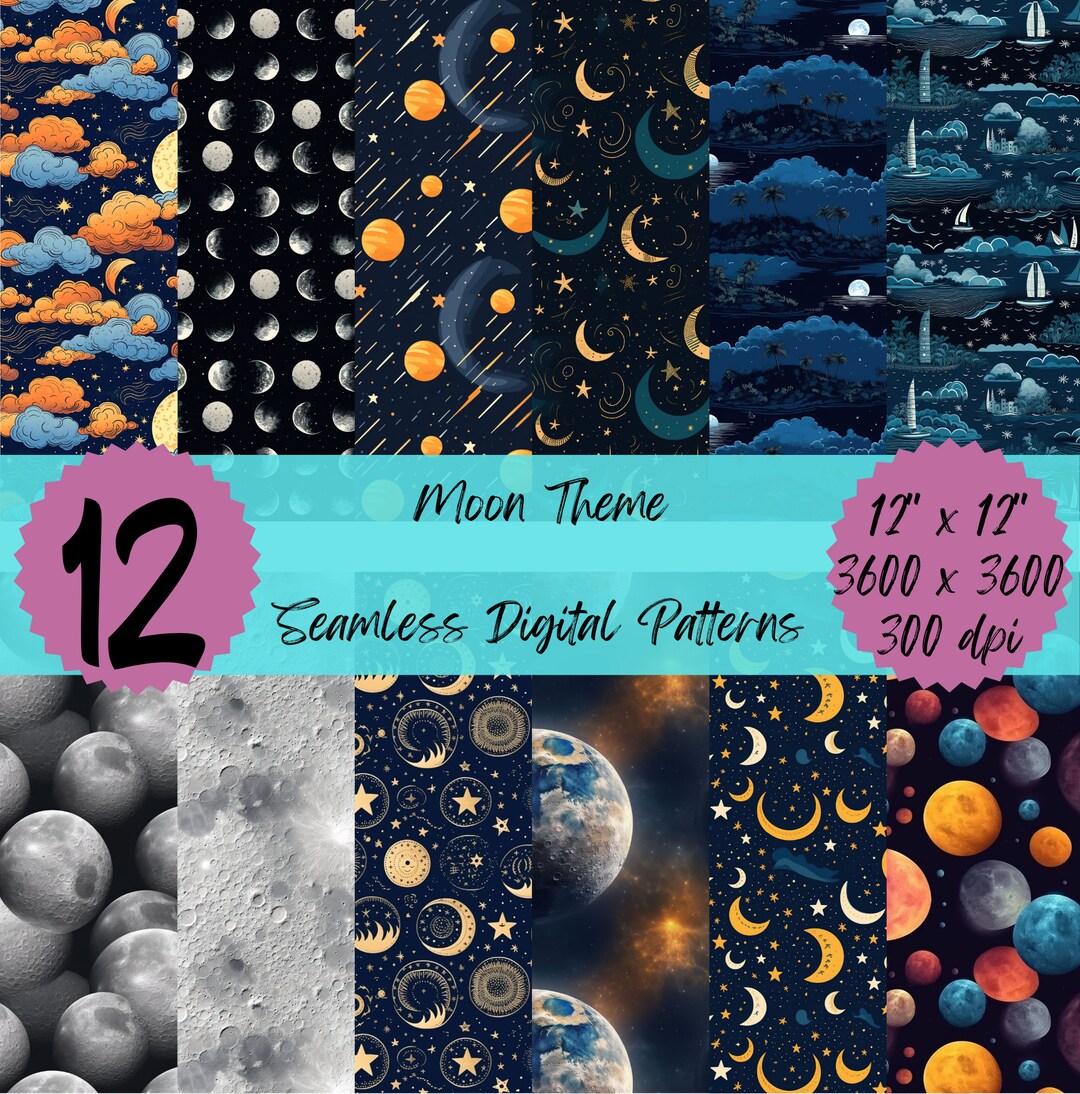 Moon Theme Pattern Digital Paper Seamless Design Celestial Night AI Art ...