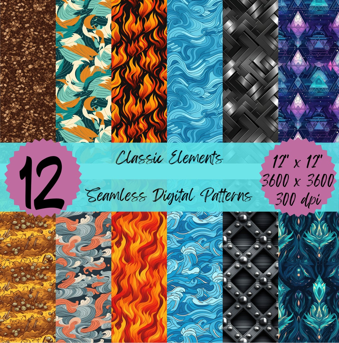Classic Elements Pattern Digital Paper Seamless Design Fire Water Earth ...