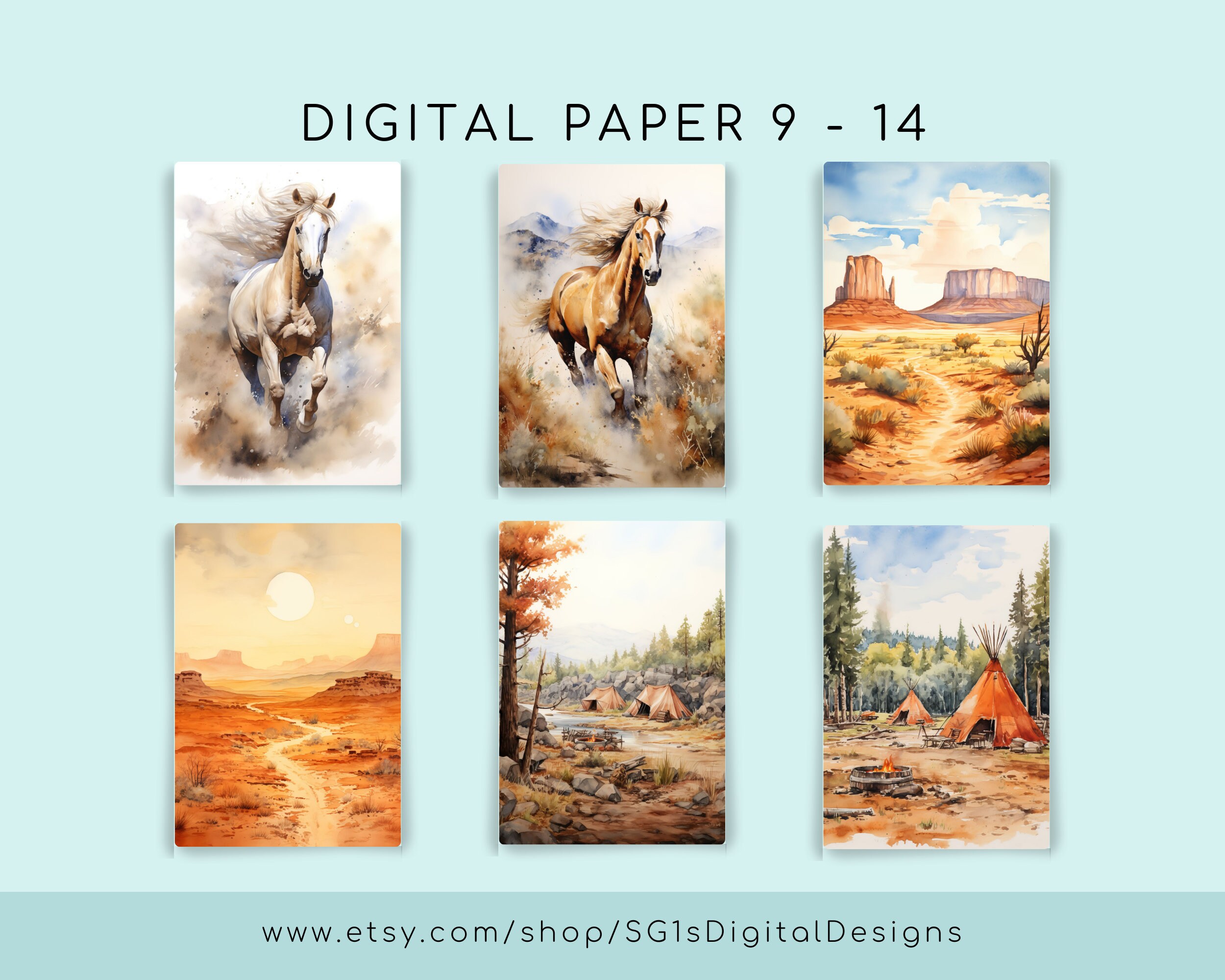 Watercolor Western Digital Paper Rustic Desert Designs Vintage Cowboys ...