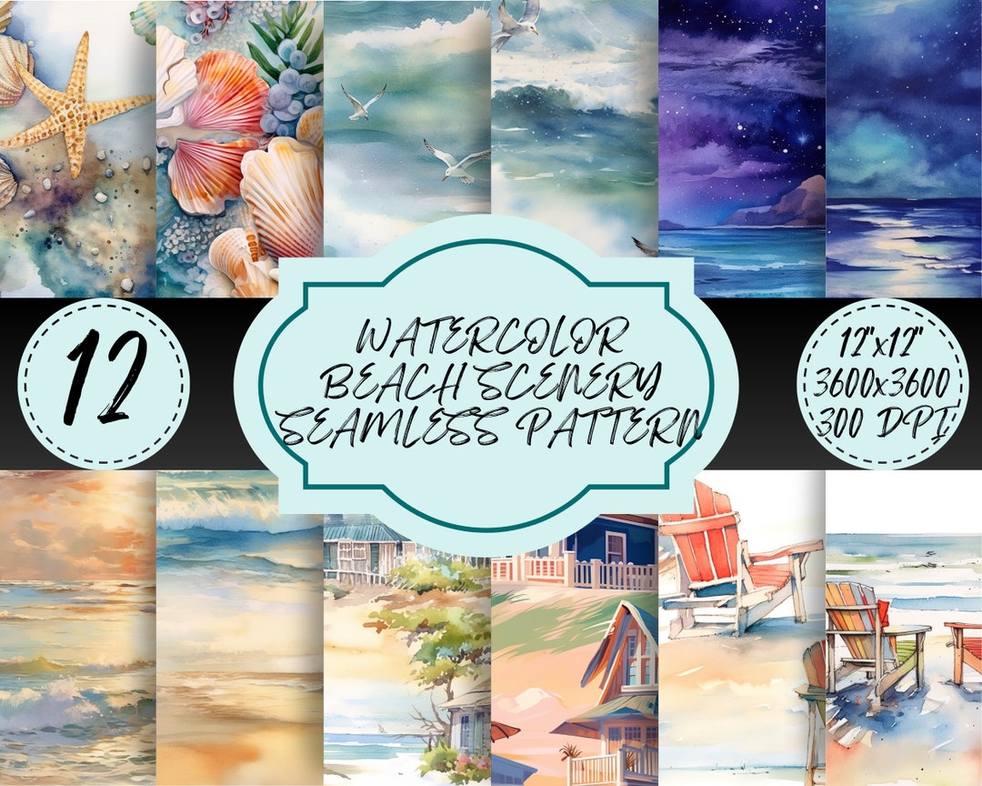 Watercolor Beach Scenery Seamless Pattern Tropical Summer Art Digital ...