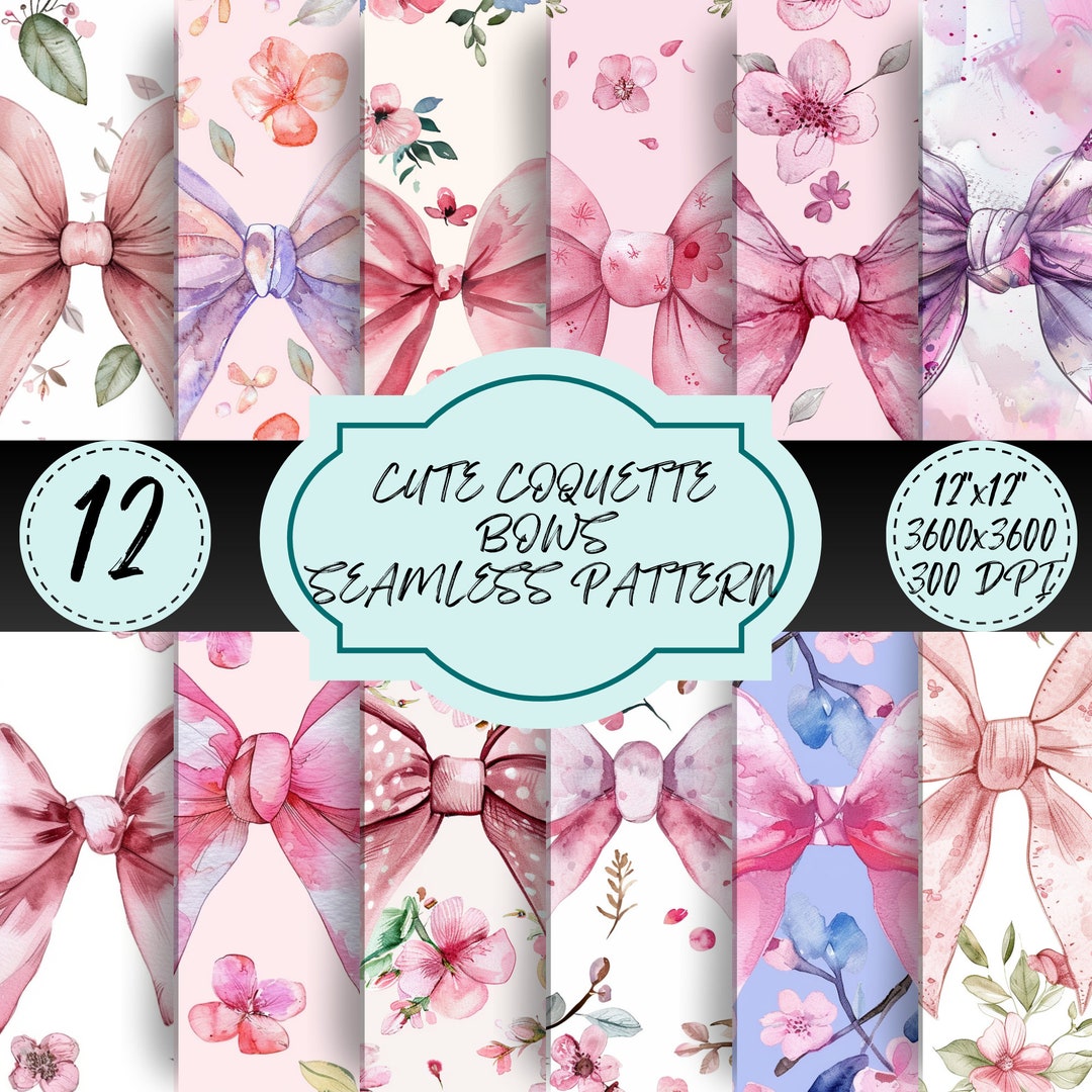 Cute Coquette Bows: Adorable Seamless Patterns, 12 Digital PNG Designs ...