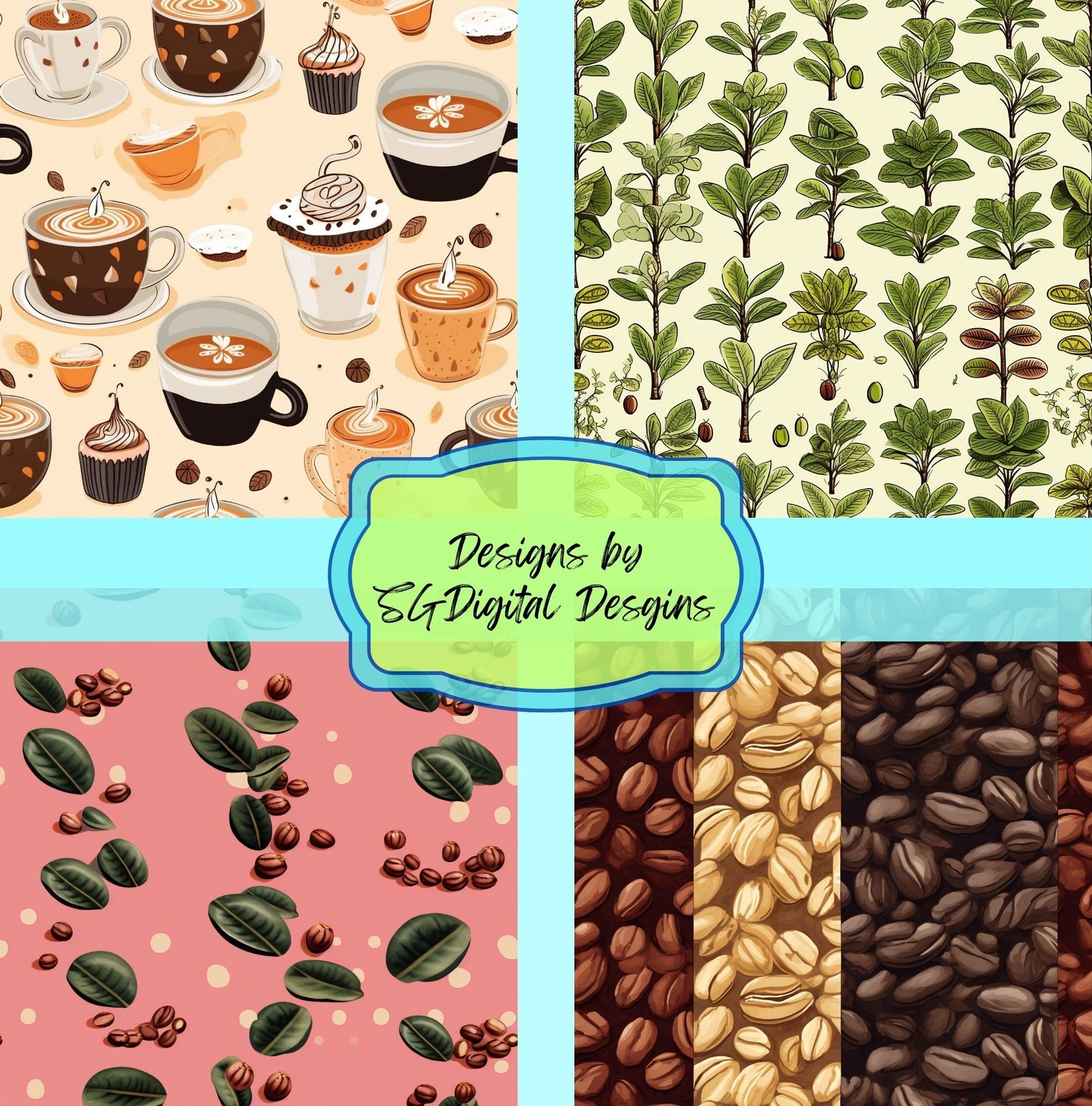 Coffee Theme Digital Paper Seamless Design Cafe Beans Mugs AI Art Gift ...