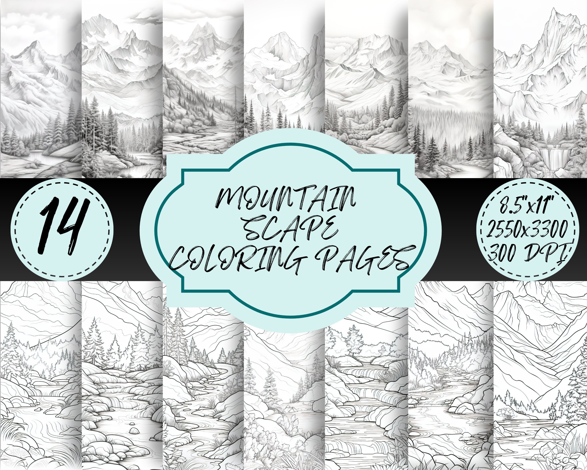 Mountain Scape Coloring Pages Tranquil Nature Scenes Printable Adult ...