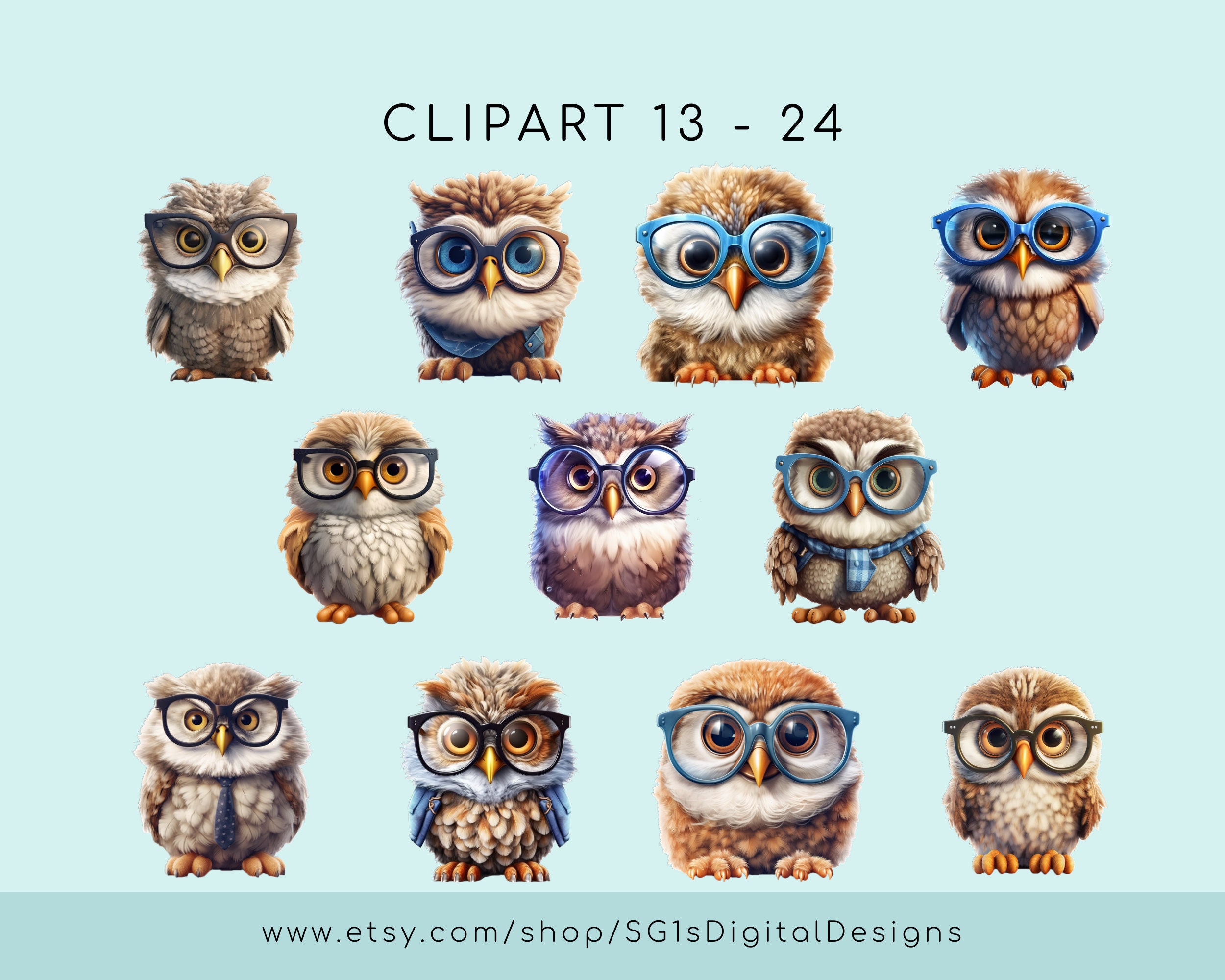 Owls With Glasses Clipart Whimsical Illustrations Digital Download Cute ...