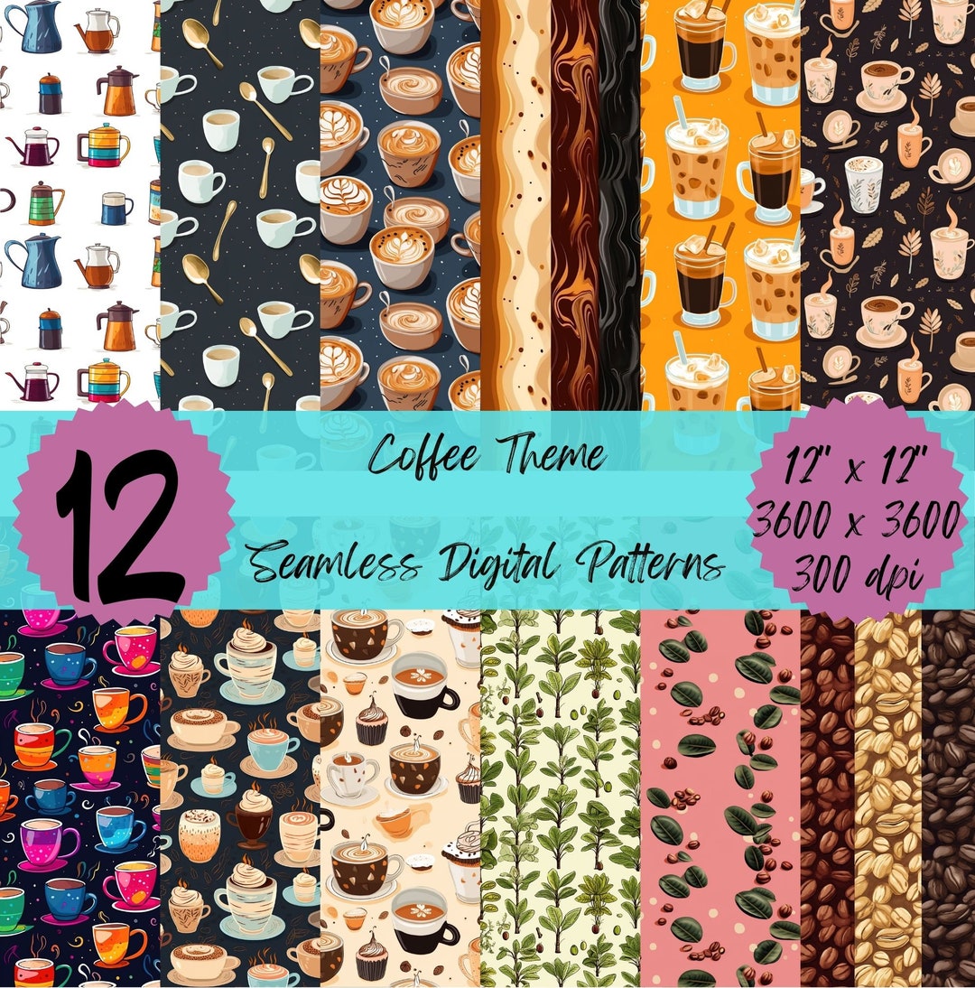 Coffee Theme Digital Paper Seamless Design Cafe Beans Mugs AI Art Gift ...