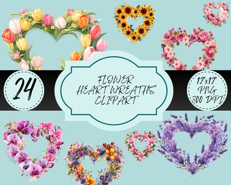 Heart Flower Wreath Clipart Romantic Floral Design Digital - Etsy