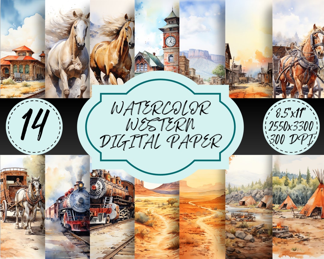 Watercolor Western Digital Paper Rustic Desert Designs Vintage Cowboys ...
