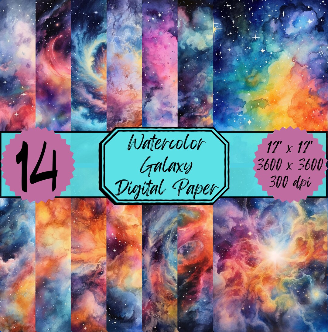 Watercolor Galaxy Digital Paper Space Backgrounds Celestial Designs ...