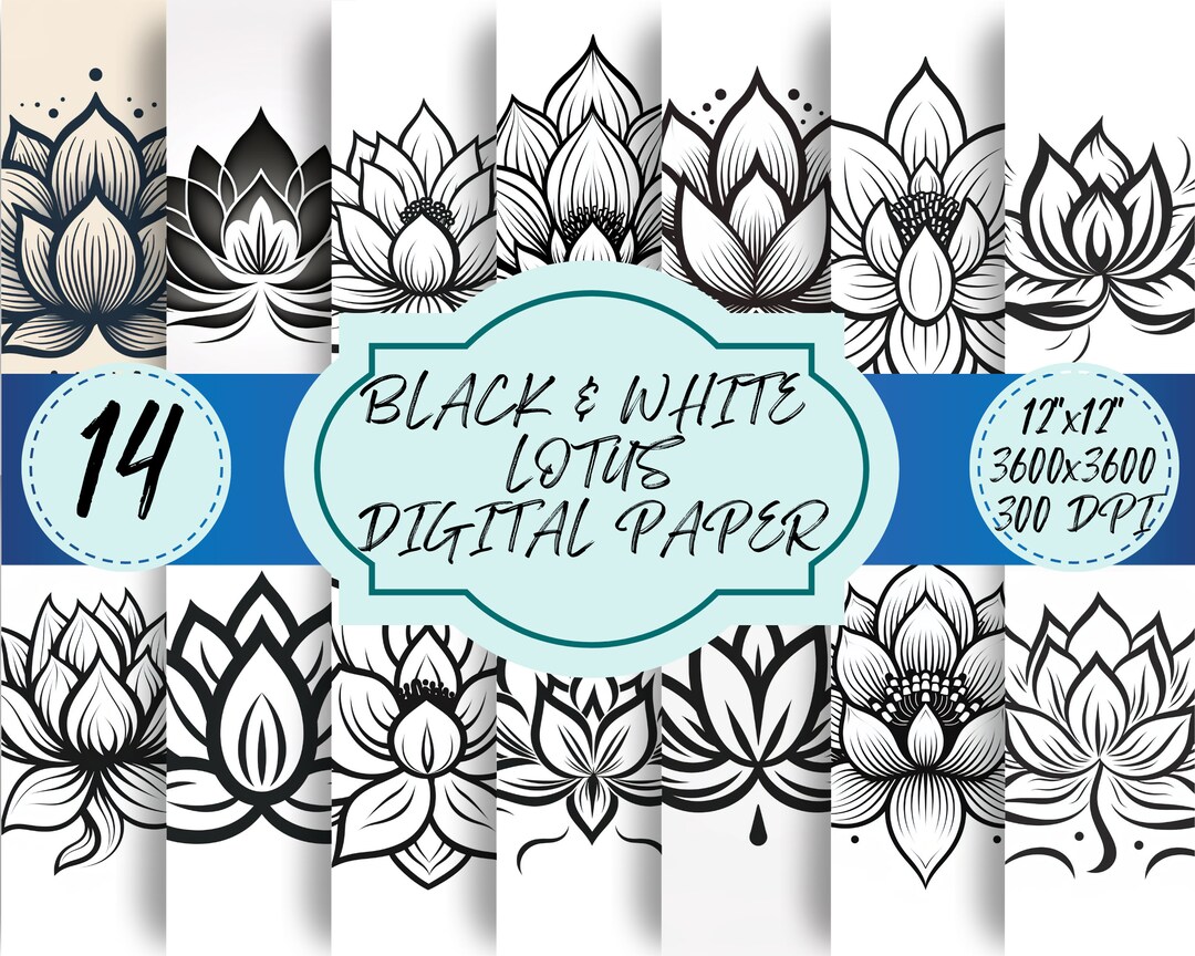 Black and White Lotus Digital Paper Lotus Floral Journals Scrapbook ...