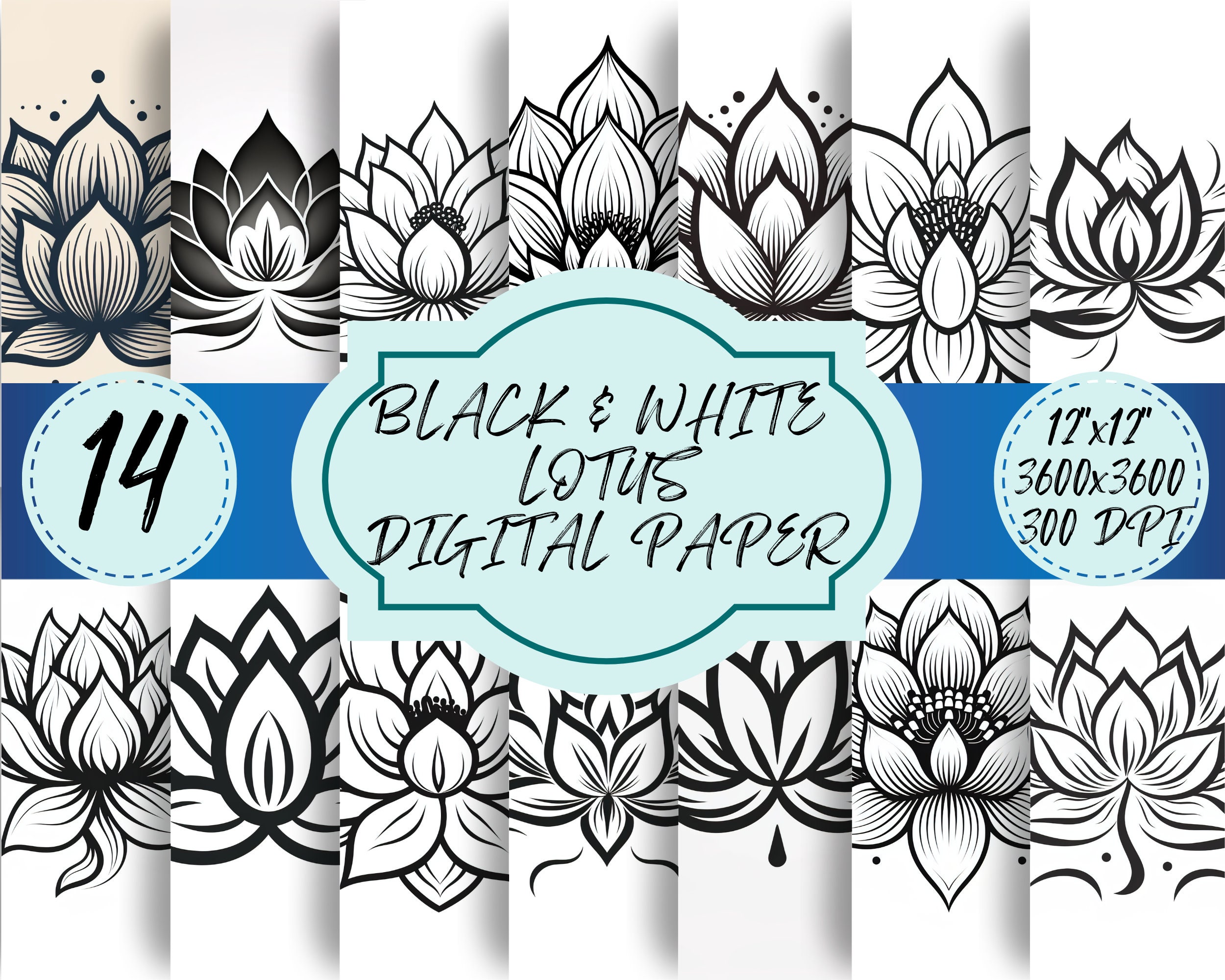 Black and White Lotus Digital Paper Lotus Floral Journals Scrapbook ...