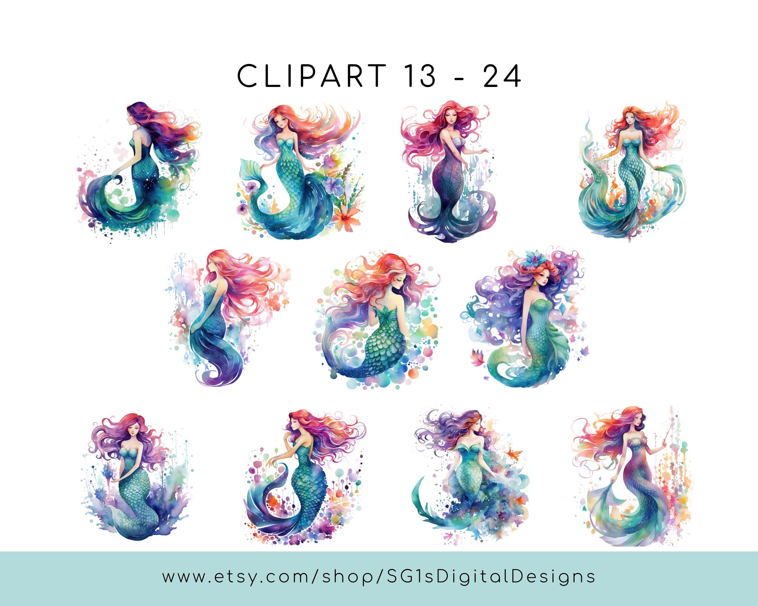 Watercolor Mermaids Clipart Whimsical Ocean Designs Digital Download ...