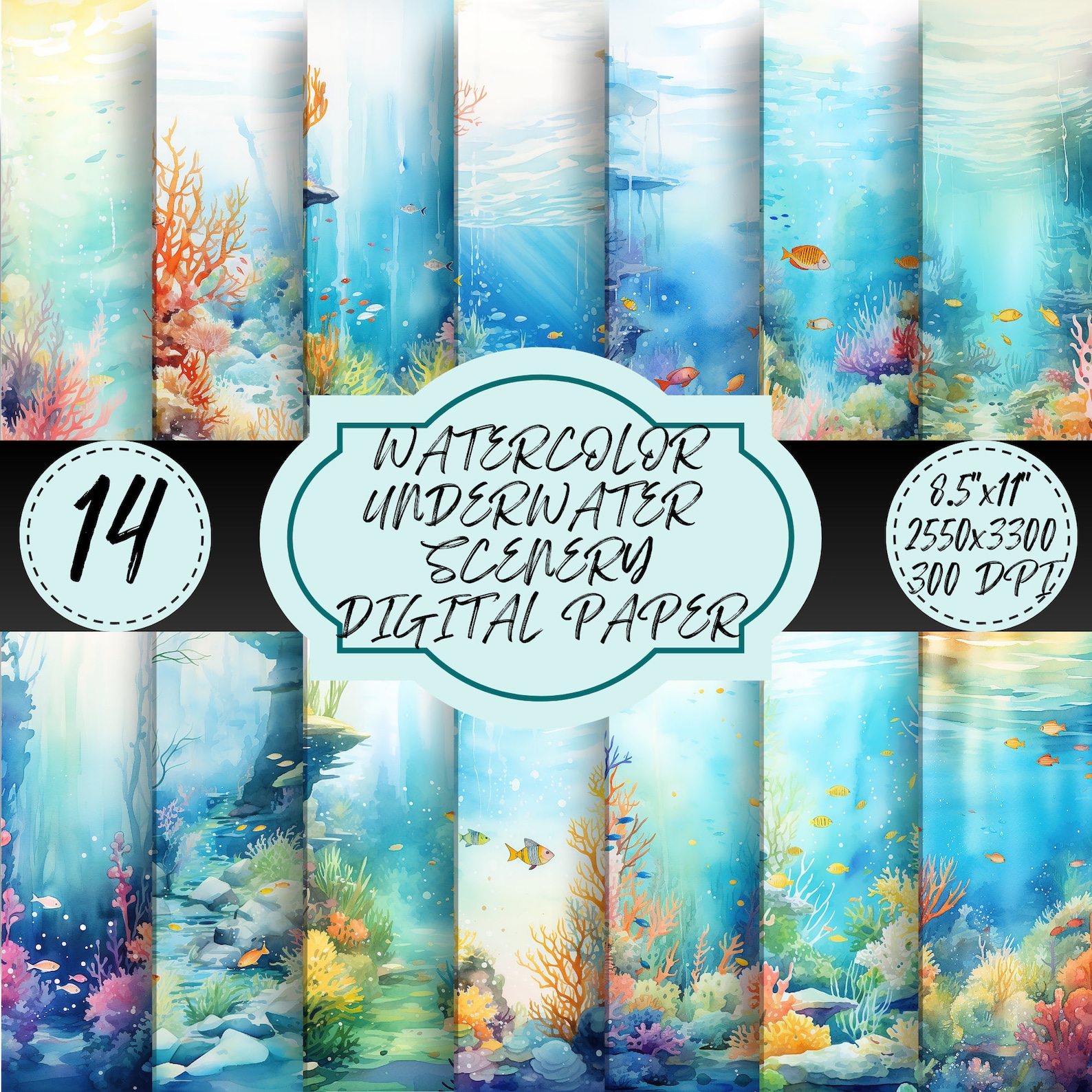 Underwater Ocean Scene Digital Paper Watercolor Theme Download Sea ...