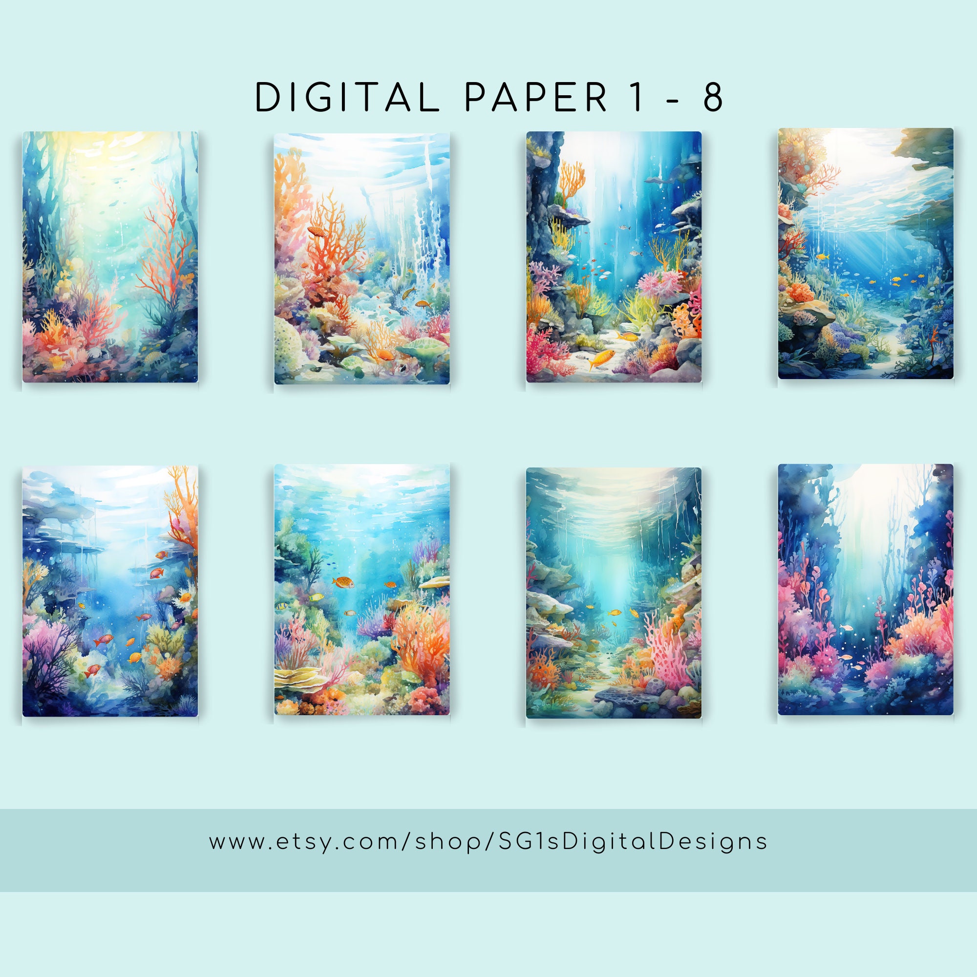 Underwater Ocean Scene Digital Paper Watercolor Theme Download Sea ...