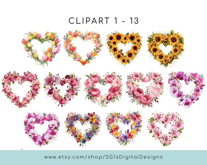 Heart Flower Wreath Clipart Romantic Floral Design Digital Download ...