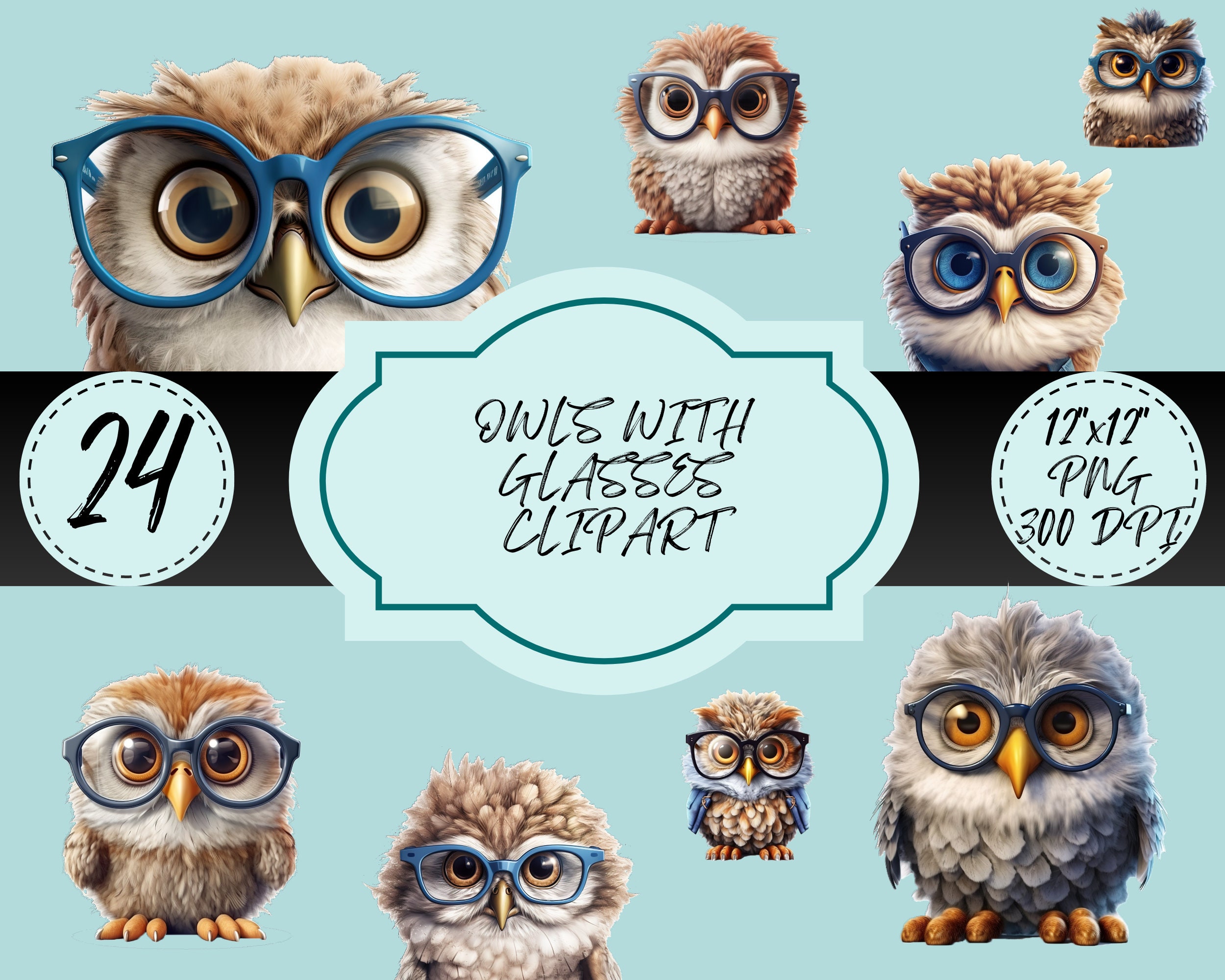 Owls With Glasses Clipart Whimsical Illustrations Digital Download Cute ...