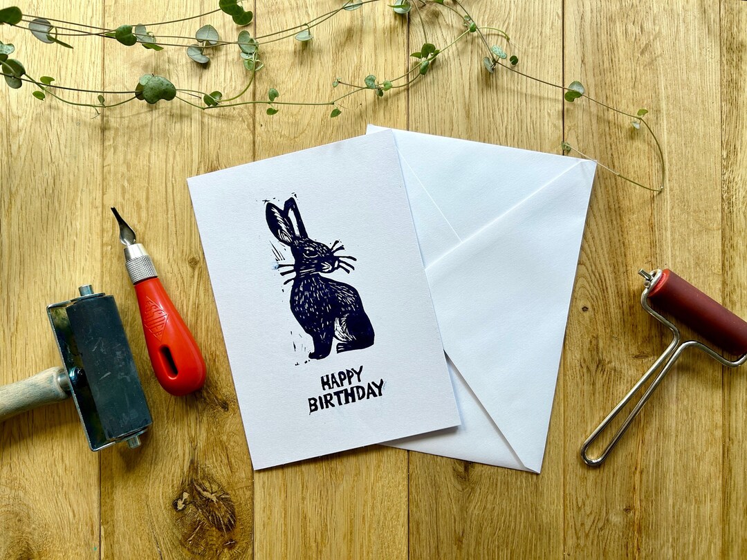 Blue Rabbit Misprint Sale, Happy Birthday Handmade Linocut Card, 5x7in ...