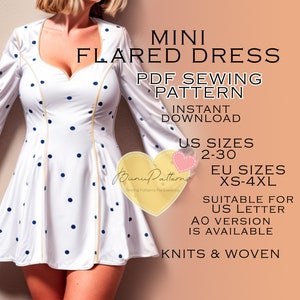 Mini Flared Dress Sewing Pattern, Bishop Sleeves PDF Pattern Instant ...